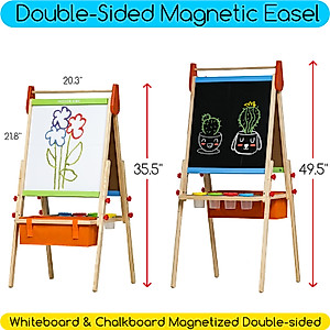 MEEDEN Easel for Kids, Double-Sided All-in-one Wooden Art Easel, Kids Art Easel Set with Paper Rolls, Magnetic Easel with Whiteboard & Chalkboard, Finger Paints, Accessories Easel for Toddlers