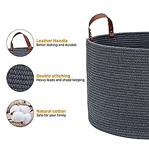 Large Baskets for Storage Cotton Rope Basket Laundry Basket Hamper- Hombins Woven Toy Bin Blanket Holder XXL Grey Collapsible Laundry Basket with Leather Handle, 20"X20"X13"