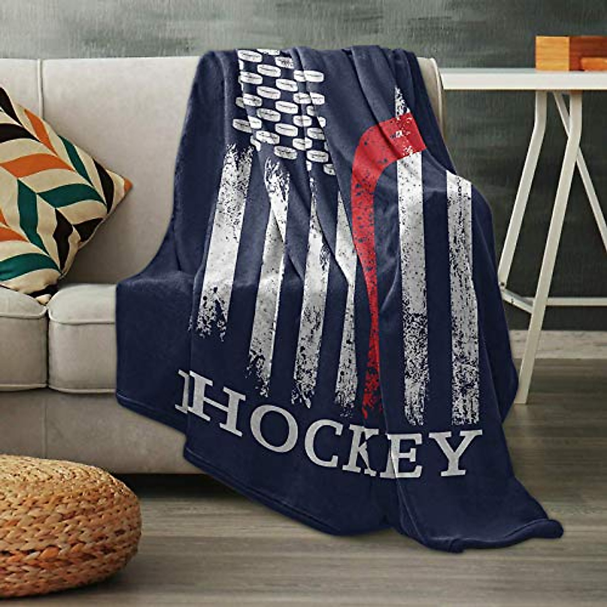 Winter Hockey Sport Soft Flannel Throw Blankets, America Flag Luxury Comfort Fleece Blanket for Teen/Man/Woman/Kid, Blue White Stripe 50x60in Cozy Warm Lightweight Bed Cover Sofa Couch Chair Decor