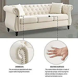 Fulocseny 3 Seater Chesterfield Sofa Velvet for Living Room,80" Sofa Tufted Upholstered Couch with Rolled Arms and Nailhead,Bedroom,Office,Apartment,Two Pillows (Velvet, Beige)