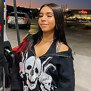 YEOU Women Rhinestone Y2K Spider Skeleton Hoodies Punk Jackets Streetwear Goth Harajuku Oversized Zip Up Hoodie (Black, S)