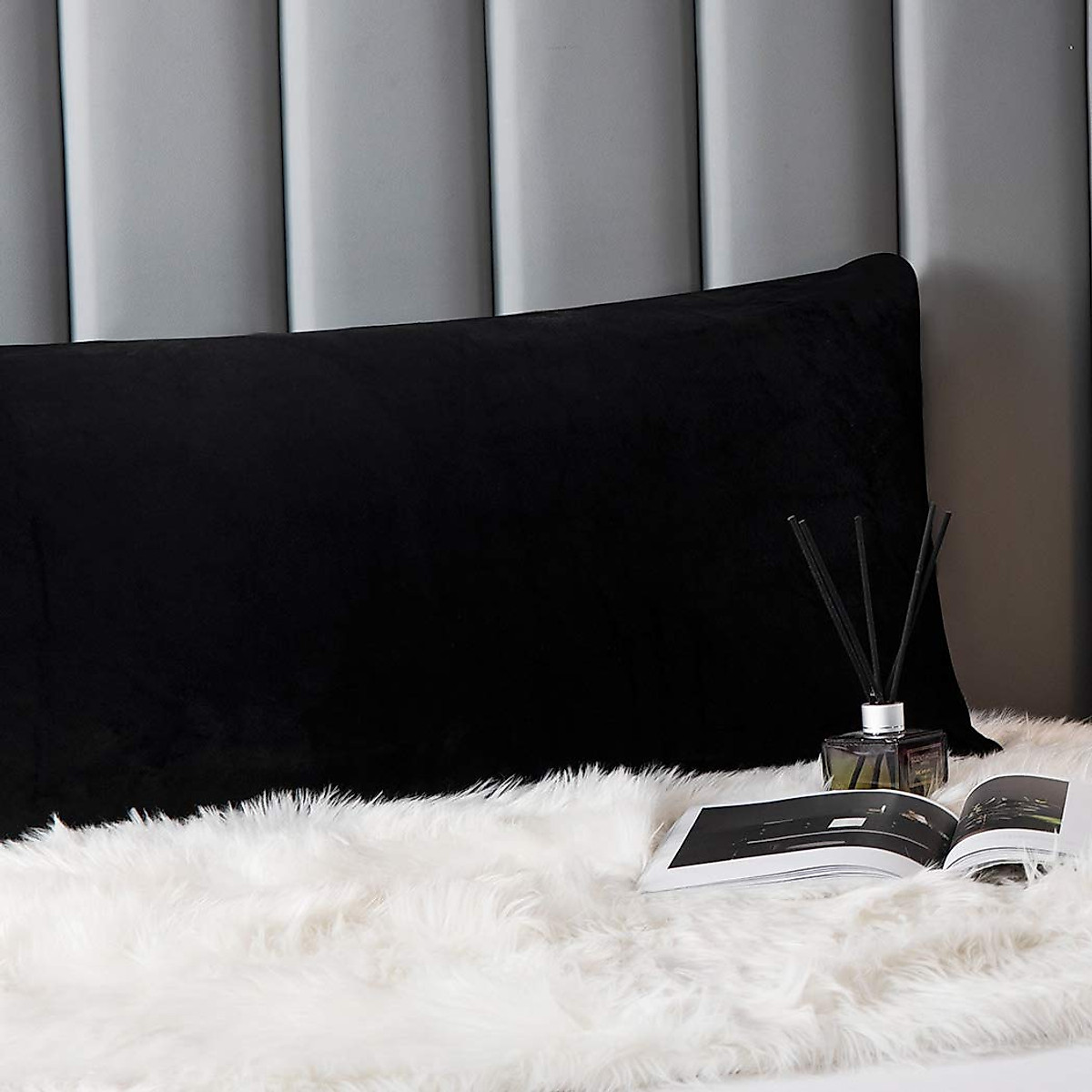 uwkcy Velvet Body Pillow Cover/Case Pillowcase with Zipper, Soft and Cozy, Zippered Flannel Body Pillow Case (20 x 48 Inch, Black, 1-Piece)