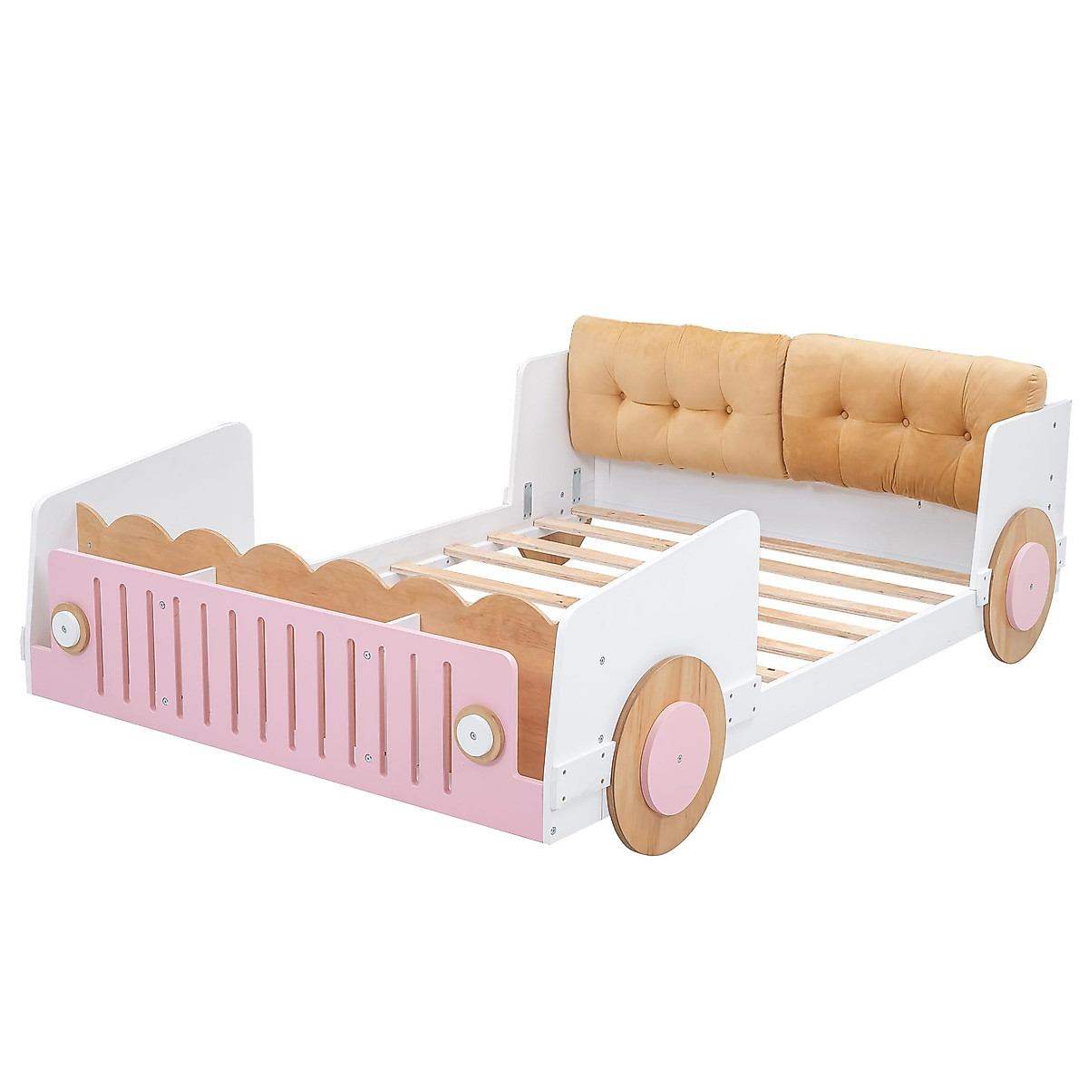 MiHunnor Kids Race Car Bed Fun Play Design, Full Size Car-Shaped Platform Bed with Wheels, Wooden Low Platform Bed with Shelves on The Footboard for Kids Boys Girls Teens, No Box Spring Needed