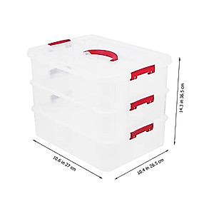 LUOZZY 3-Tiers Stack Carry Storage Box with Handle Large Capacity Stationery Cosmetics Storage Organizer Transparent Storage Bins Stackable (Red)