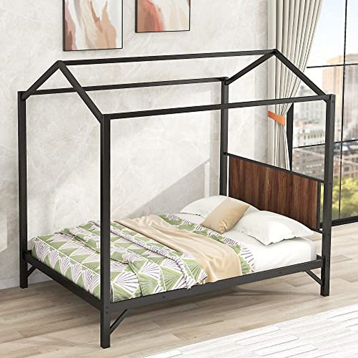 Bellemave House Bed for Kids, Full Size Metal Platform Bed with Headboard and Roof (Full Size, Black)
