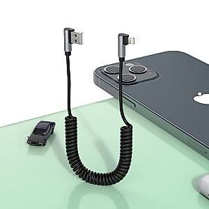 Right Angle 1.8M/6Ft iPhone 90 Degree USB Coiled Lightning Charging Cable for CarPlay,Apple Fast Charging+Sync Data Spring Retractable Charger Cord Adapter for iOS/iPhone 13/12/11/SE/Xs/Xr/8/7/6/iPad