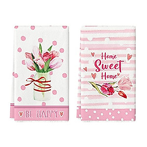 Artoid Mode Home Sweet Home Love Pink Tulip Mother's Day Kitchen Towels Dish Towels, 18x26 Inch Be Happy Flower Vase Decoration Hand Towels Set of 2