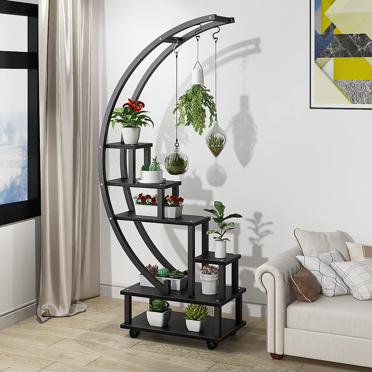 2 Pcs 6 Tier Tall Metal Indoor Plant Stand with Detachable Wheels, Half-Moon-Shaped Plant Shelf Holder for Outdoor Clearance, Multi-Purpose Plant Stands for Home Decor, Balcony, Patio, Garden