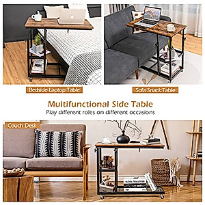 Tangkula Height Adjustable C Shaped End Table with Lockable Wheels, Mobile Couch Desk Table with Tiltable Table Top, Sofa Bedside Laptop Stand TV Tray with Storage Shelves, Snack Side Table