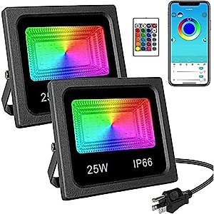 LED Flood Lights RGBW Color Changing Outdoor 200W Equivalent,25W Bluetooth Smart Floodlights RGBW APP Control, IP66 Waterproof,16 Million Colors 20 Modes for Garden Stage Lighting (Bright 25W*2)
