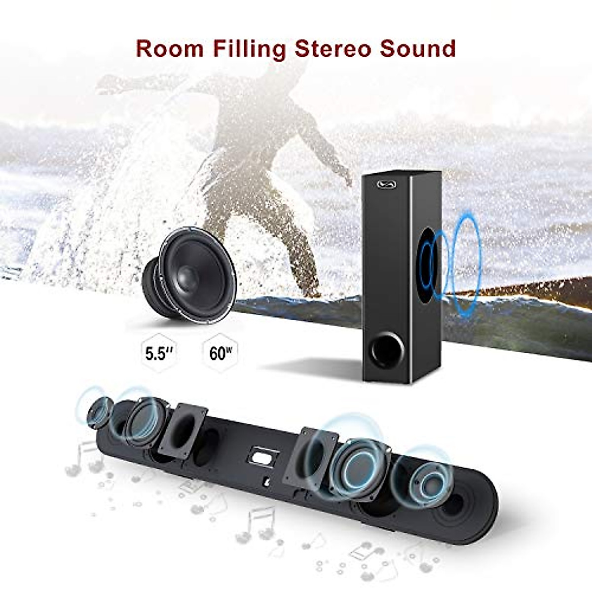 Bestisan Soundbar 28-Inch 80W with HDMI-ARC, Bluetooth 5.0, Optical Coaxial USB AUX Connection, 4 Speakers, 3 EQs, 110dB Surround Sound Bar Home Theater (28 Inch Glossy Black)