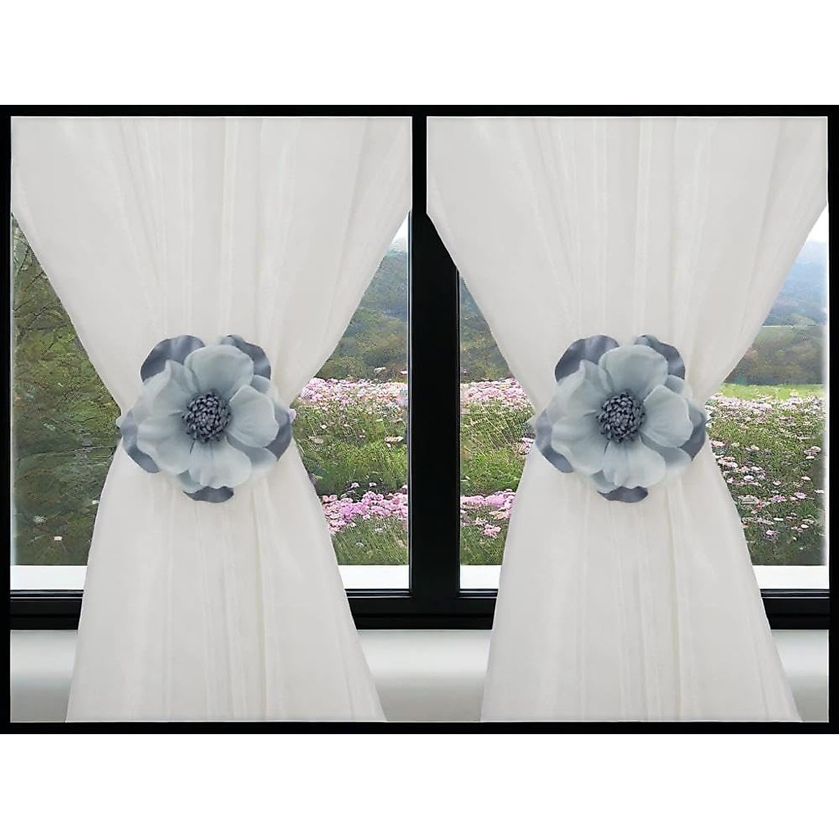 SUQ I OME 2 Pack of Pearl Magnetic Flower Curtain Tieback with Handmade Flower Decorative Drapery Holdbacks Rope Holder for Home, Office,Blue