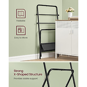 VASAGLE Freestanding Towel Rack, Foldable Blanket Holder, Towel Holder with 4 Hooks, Fabric Basket, 39 Inches High, for Bedroom, Living Room, Bathroom, Ink Black and Slate Gray ULLS020B01