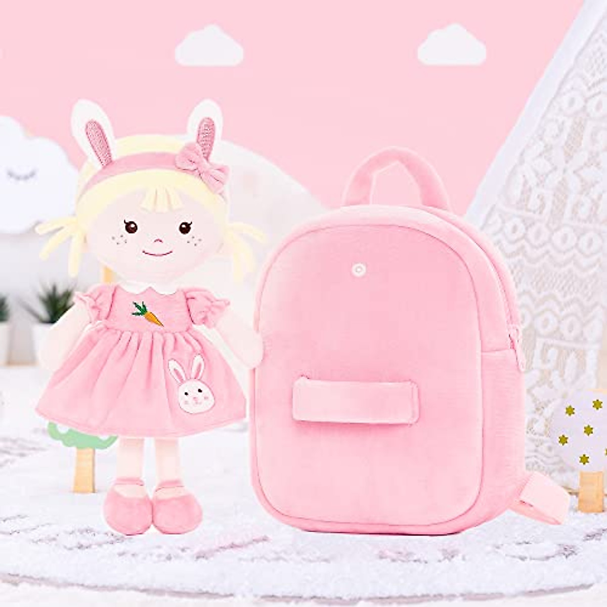 Onetoo Easter Bunny Backpack Toddler Backpack Girl Backpacks Kids Backpacks with Soft Plush Baby Dolls Bunny Pink 9.5"