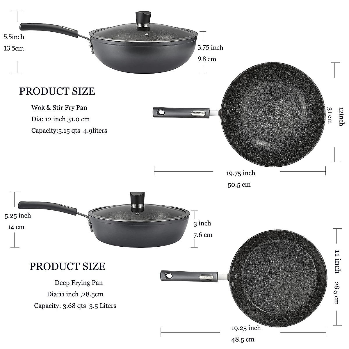Monfish Deep Frying & Wok Pan Set 12 inch wok & stir fry pan w lid,11 inch skillet frying pan w lid Non Stick Granite Stone Finish Mother Day