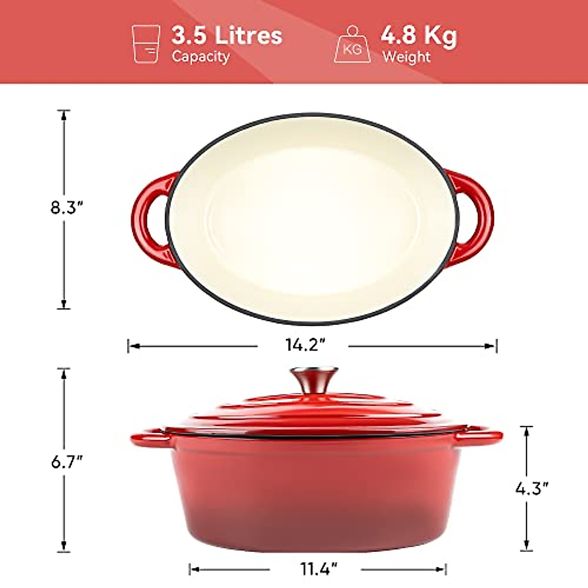 Kerilyn 4.5 QT Enameled Oval Dutch Oven Pot with Lid and Dual Handles, Cast Iron Dutch Oven for Cooking, Bread Baking, Non-stick Enamel Coated Cookware (Red)