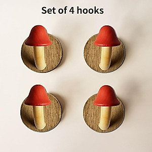 Auntzyj Fun Wooden Mushroom Coat Hook, Non-Perforated Solid Wood Hook, Kitchen Bathroom Cloakroom Door Hook (Red,4 pcs)