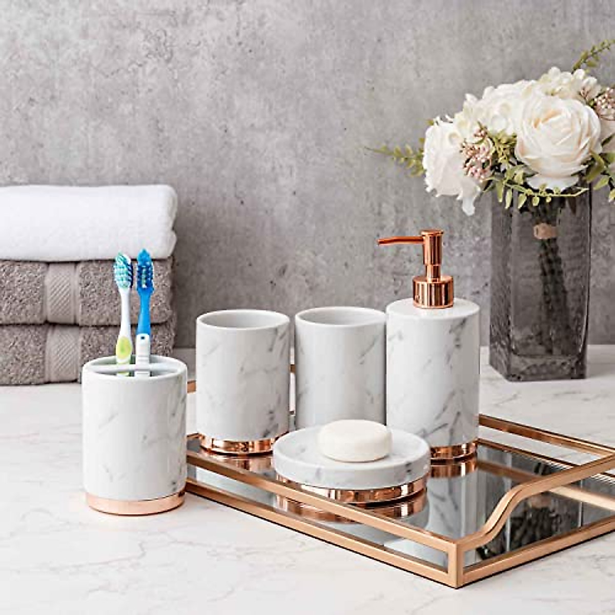 MyGift 5 Piece Modern White Ceramic Bathroom Accessory Set with Marbled Design and Rose Gold Accents, Includes Lotion Pump Dispenser, Toothbrush Holder, Tumbler and Soap Dish