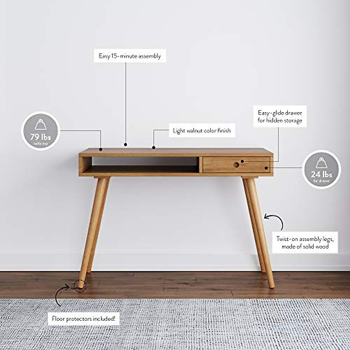 Nathan James Parker Modern Home Office Writing, Computer or Laptop Desk with Open Storage Cubby and Small Drawer, Walnut