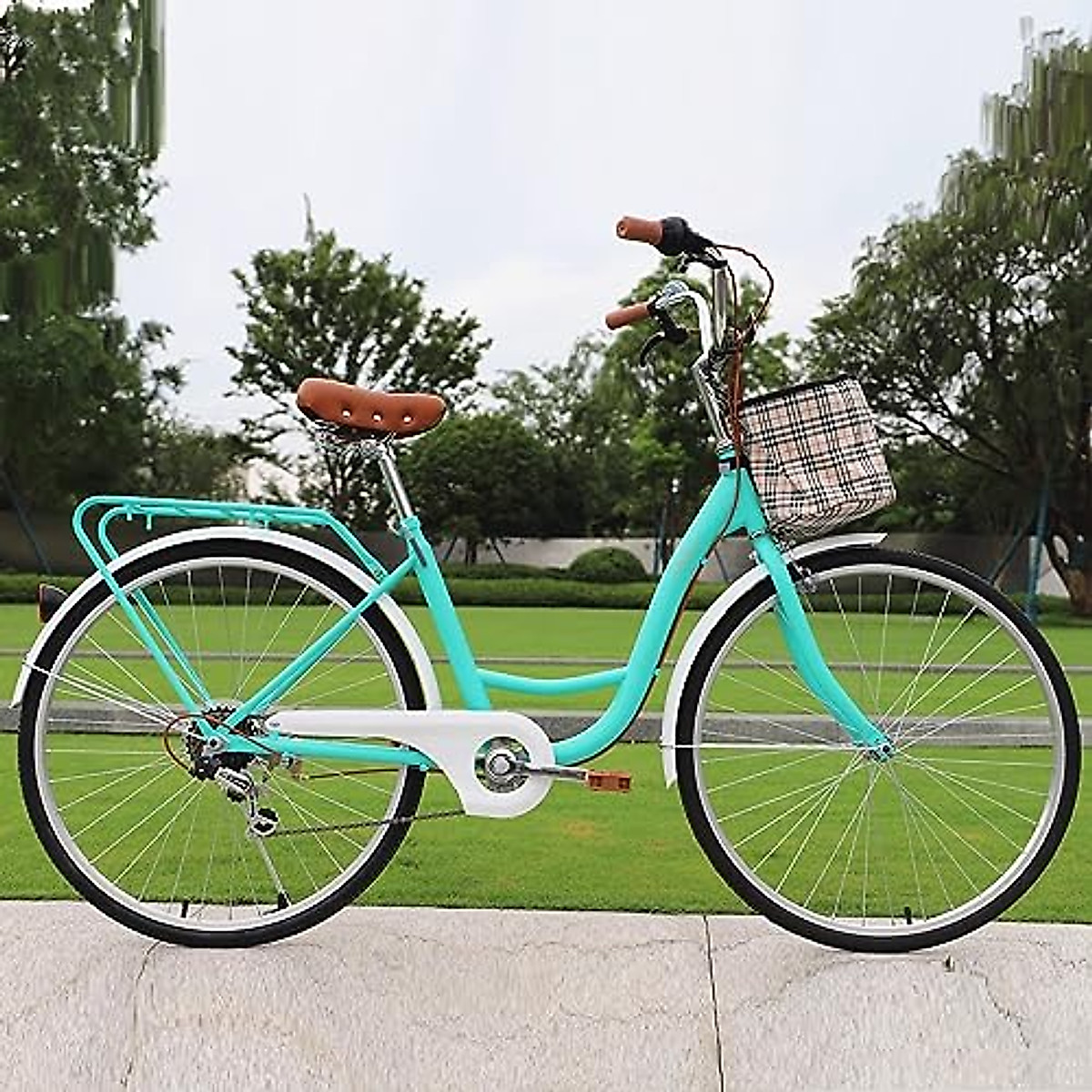 Gmlmes Beach Cruiser Bike, Multiple Speed Bicycle 26 Inch Commuter Bicycle High-Carbon Steel Frame, Front Basket & Rear Racks Retro Bicycle Road Bikes (Black)