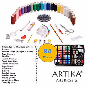﻿﻿ARTIKA Sewing Kit for Adults and Kids - Small Beginner Set w/ Multicolor Thread, Needles, Scissors, Thimble & Clips - Emergency Repair and Travel Kits - Sewing Accessories and Supplies