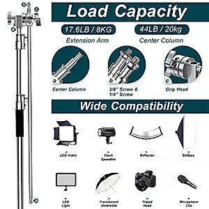 Altson Pro 100% Stainless Steel Heavy Duty C Stand with Boom Arm, Max Height 10.5ft/320cm Photography Light Stand with 4.2ft/128cm Holding Arm, 2 Grip Head for Studio Monolight, Softbox, Reflector
