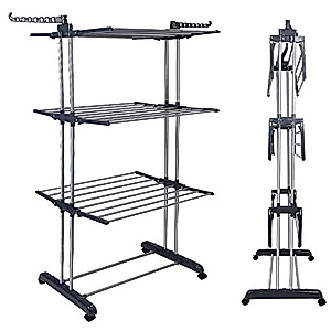 iMounTEK Clothes Drying Rack, Oversize 3-Tier Drying Rack Clothing (70" Height) Rolling Clothes Rack Laundry Drying Rack Clothing Drying Rack Garment Dryer Stand with 2 Side Wings