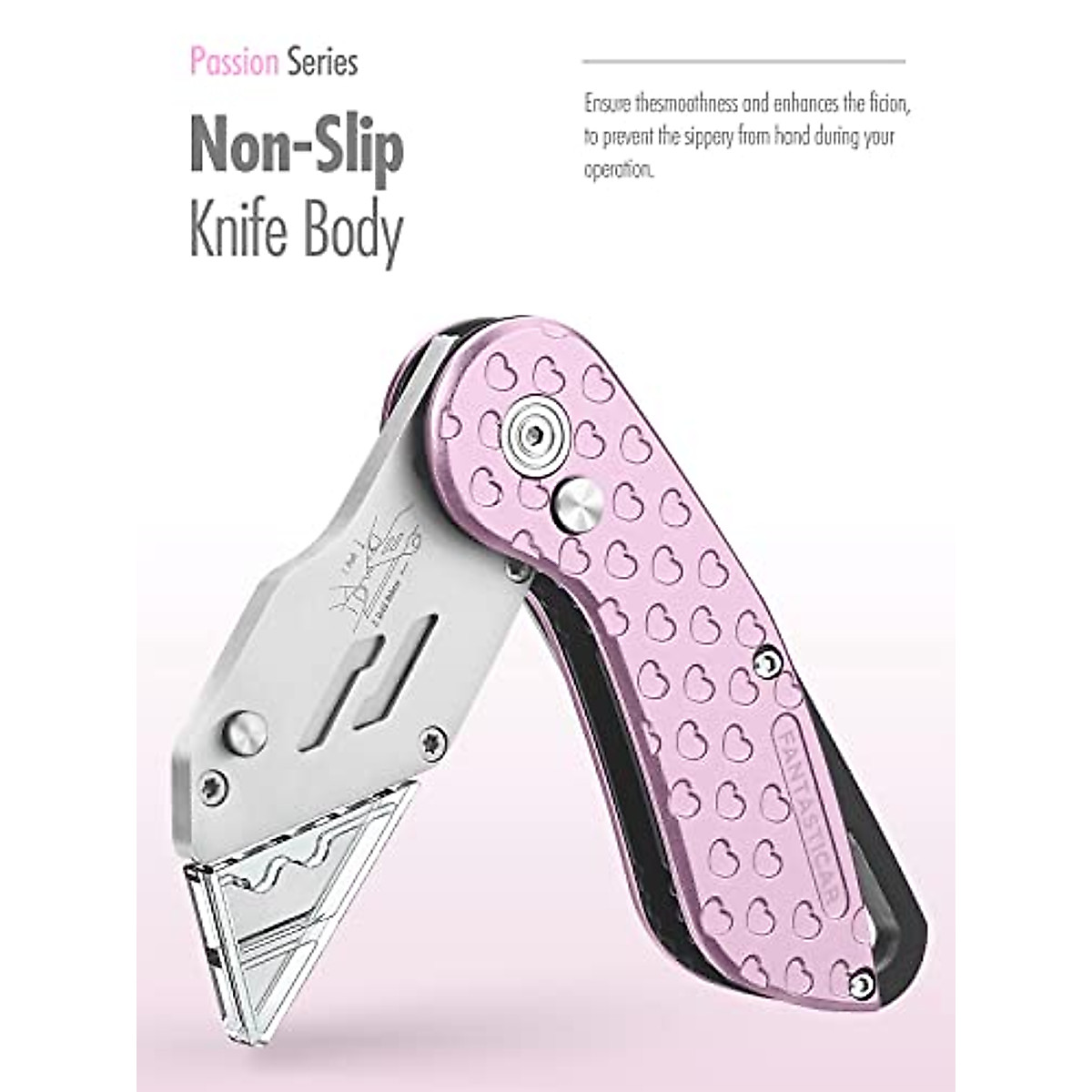 FantastiCAR Box Cutter Folding Utility Knife, Unique Metal Body, Safety Lock Button and Quick Blade Change, with Extra 5 Sharp Blades (Pink-Hearts)