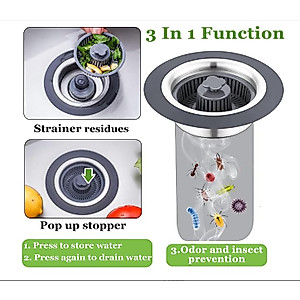 3-in-1 Upgarded Kitchen Sink Drain Stopper &Stainer Combo - Pop-Up Anti-Clog Basket for Fast Drainage , Includes 3 Reuseable Filters