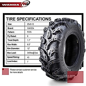 Set 4 Premium WANDA ATV/UTV tires 25x8-12 25x8x12 Front & Rear Super Lug Mud