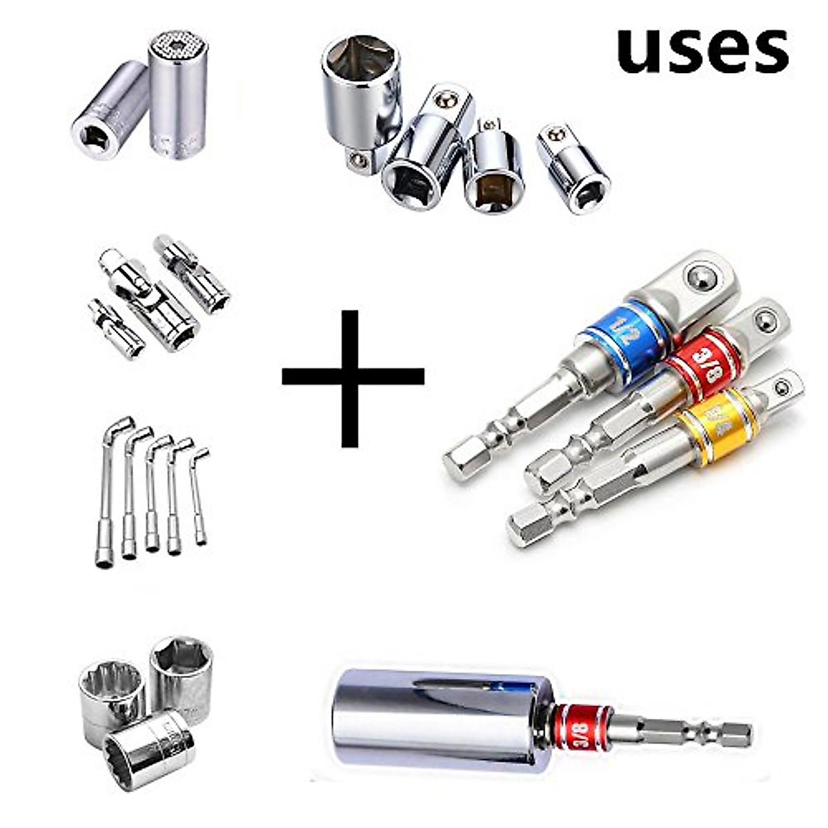 Impact Grade Socket Adapter/Extension Set Turns Power Drill Into High Speed Nut Driver,1/4-Inch Hex Shank to Drive for Adapters to Use with Drill Chucks, Sizes 1/4" 3/8" 1/2", Cr-V, 3-Piece