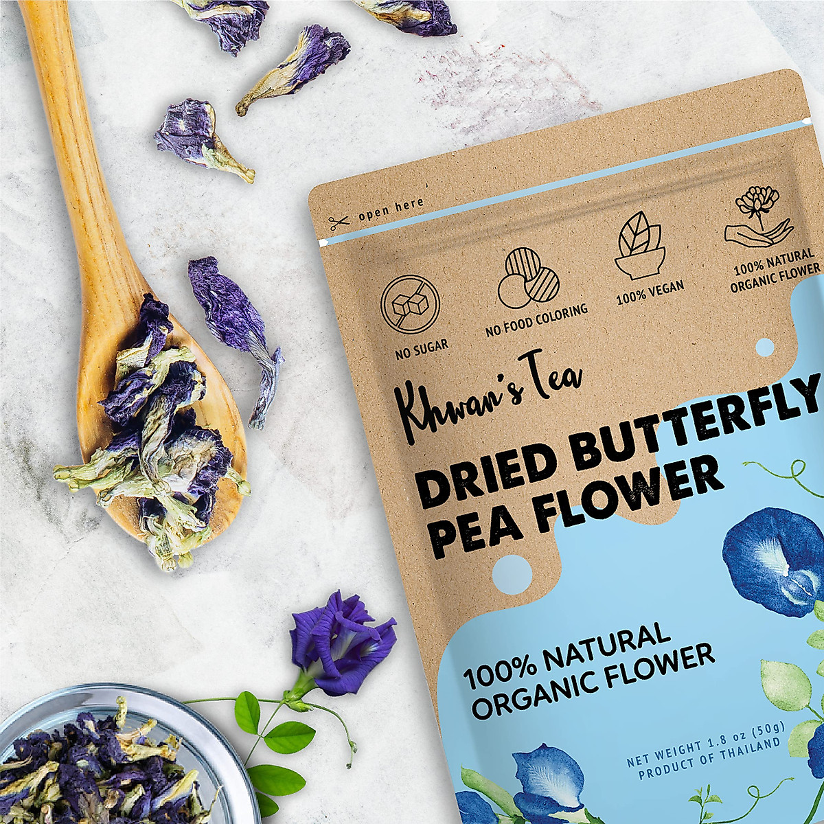 KHWAN'S TEA Pure Dried Butterfly Pea Flowers Blue Tea and Premium Dried Rose Petals