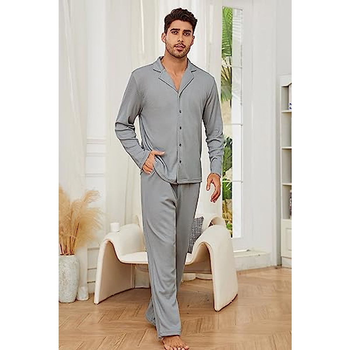Andeip Mens Sleepwear Mens Pajamas Set Waffle Knit Long Sleeve Pjs Matching Lounge Set Light Grey L