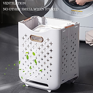 Laundry Baskets on Wheels, Laundry Trolley, Laundry Collector with 2 Layers, 2 Storage Baskets, Laundry Sorter for Bedroom, Bathroom for Clothes and Toys, Total 77L, Plastic, 75x34.5x26cm (New)