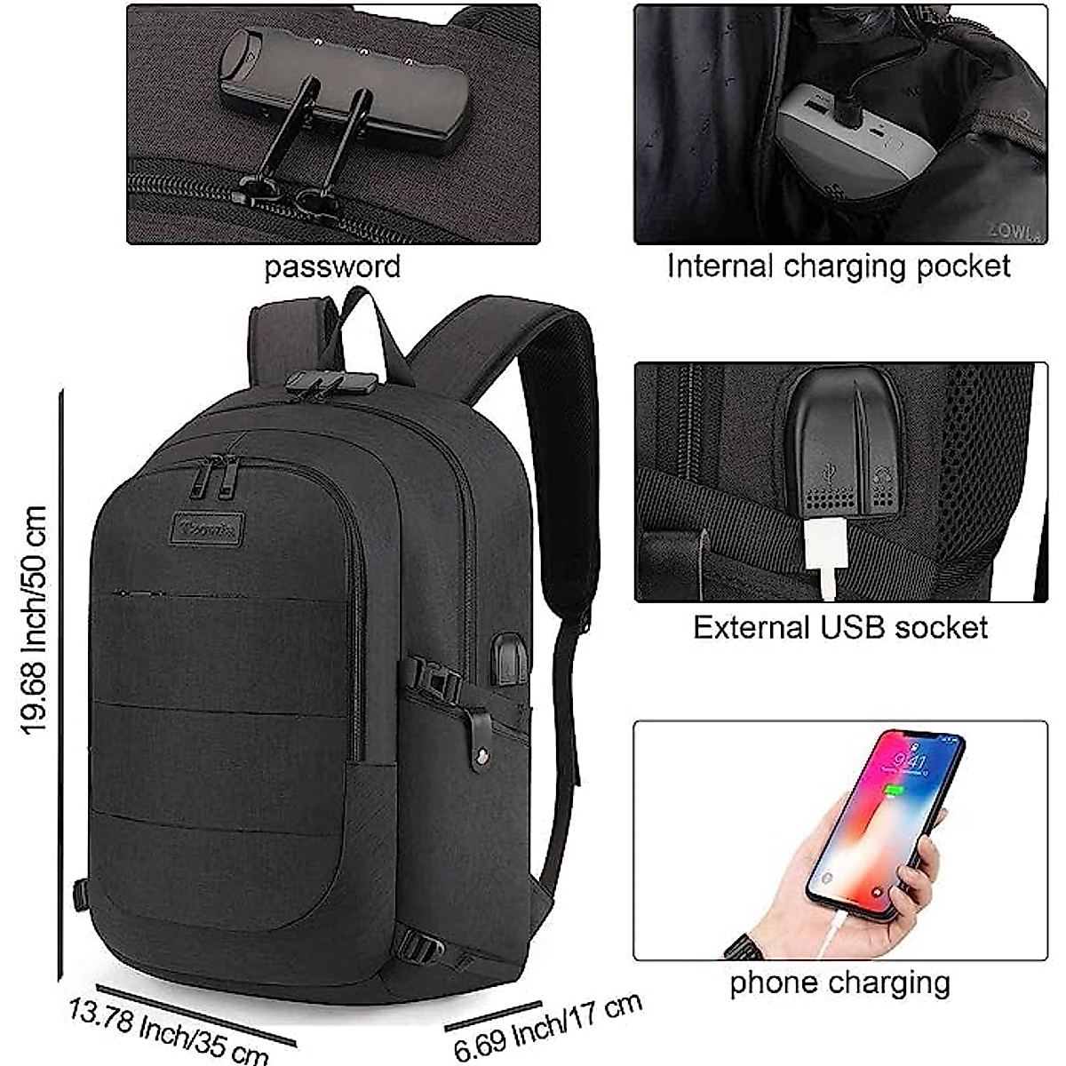 Tzowla Anti-Theft Water Resistant 17.3 Inch Laptop Backpack with USB Charging Port and Lock, Black