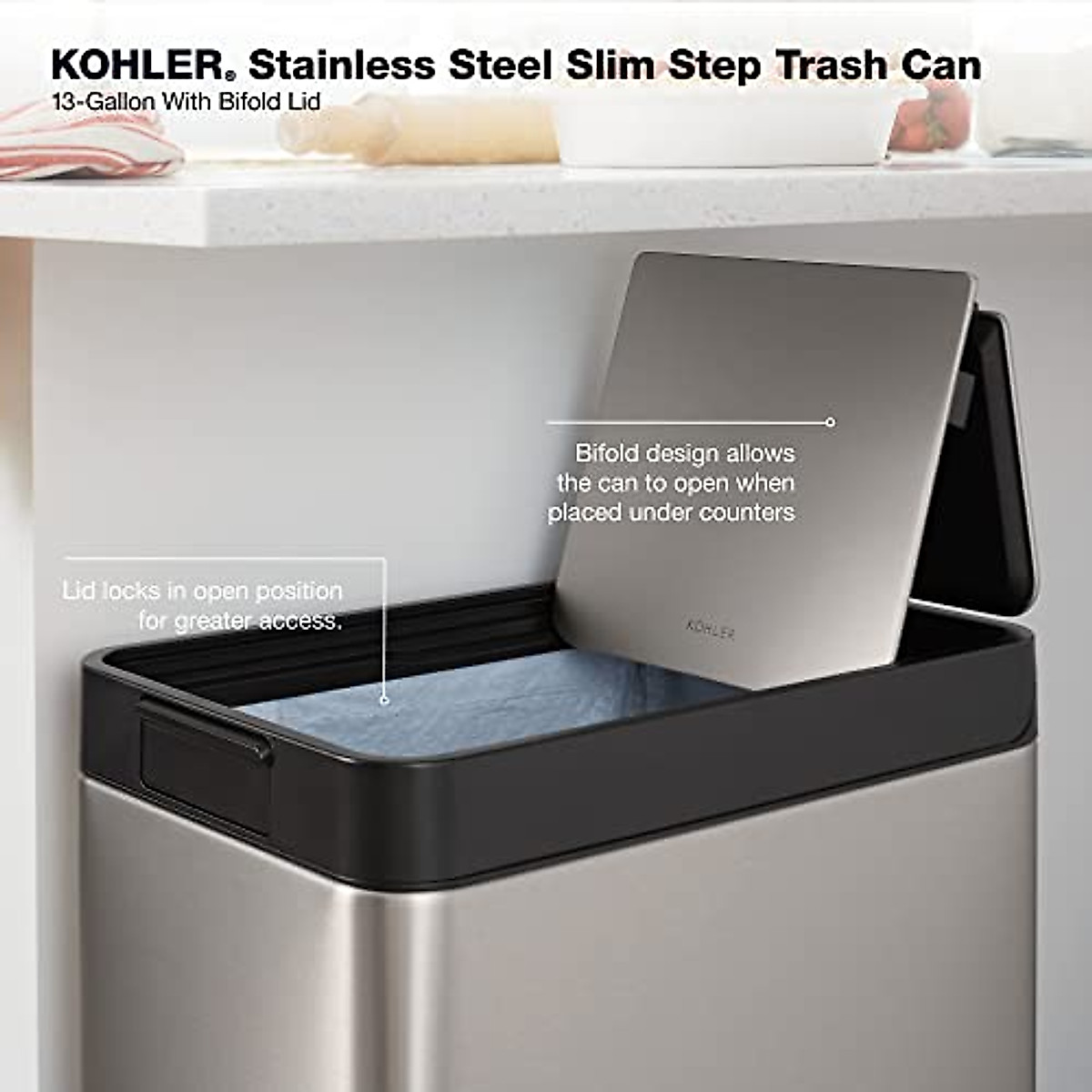 KOHLER 23826-ST 13 Gallon Elongated Hands-Free Step Can, Trash Can with Soft-Close and Foot Pedal, Quiet Close Lid, Stainless Steel