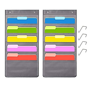 Storage Pocket Chart with 5 Pocket, 2 Pack Heavy Duty Storage Chart Hanging Wall File Organizer ​Included 4 Over Door Metal Hangers - Organize Your Assignments, Files, Scrapbook Papers & More (Gray)