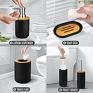 Hommtina Bamboo Bathroom Accessory Set, 6 Pcs bathroom essential Includes Toothbrush Cup, Toothbrush Holder, Soap Dispenser, Soap Dish, Toilet Brush with Holder, Trash Can, with 3 Toothbrushes (Black)