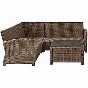Crosley Furniture Bradenton 4-Piece Outdoor Sectional Sofa Wicker Conversation Patio Furniture Set for Deck, Brown with Sand Cushions