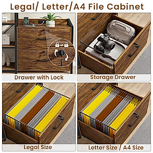 SEDETA 47” File Cabinet with Power Strip, Filing Cabinet fits Legal, Letter, A4 Size, 2 Drawer File Cabinet with Lock, File Cabinets for Home Office with Open Shelf and 3 Hooks, Rustic Brown