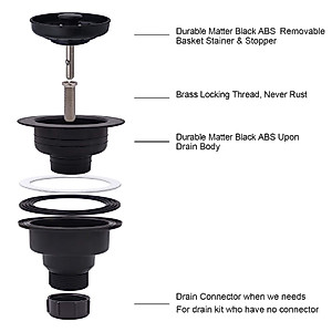 GZILA 3-1/2 Inch Kitchen Sink Basket Strainer and Stopper Drain Assembly Matte Black with Removable Waste Basket Matched Color for Granite and Fireclay Sinks