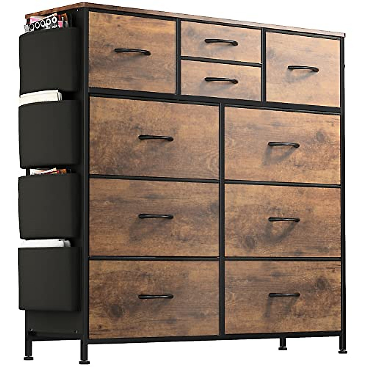 Lulive 10 Drawer Dresser, Chest of Drawers for Bedroom with Side Pockets and Hooks, Fabric Storage Dresser, Sturdy Steel Frame, Wood Top, Organizer Unit for Nursery, Hallway, Closet