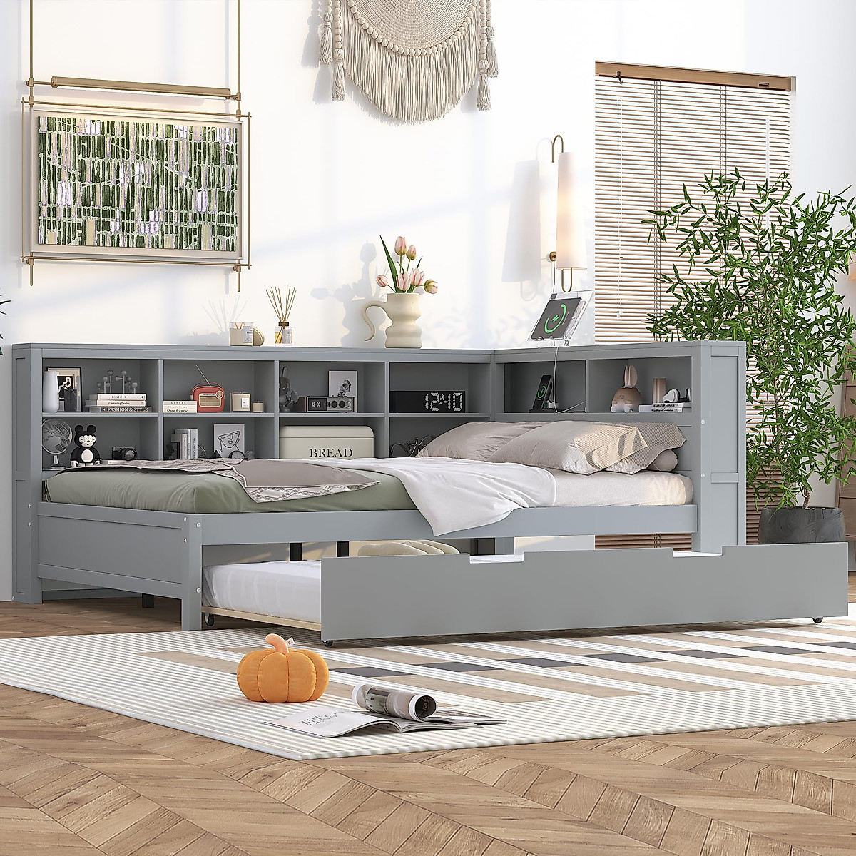 GYYBED Wooden Full Size DayBed with Twin Size Trundle, DayBed with Storage Shelf and USB Charging Ports,Wooden Bedframe with Wood Slat Support for Bedroom Living Room (Full(Grey)+with Trundle)