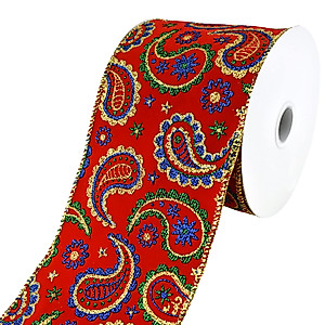 Homeford Paisley Velvet Christmas Jeweltones Wired Ribbon, 4-Inch, 10-Yard