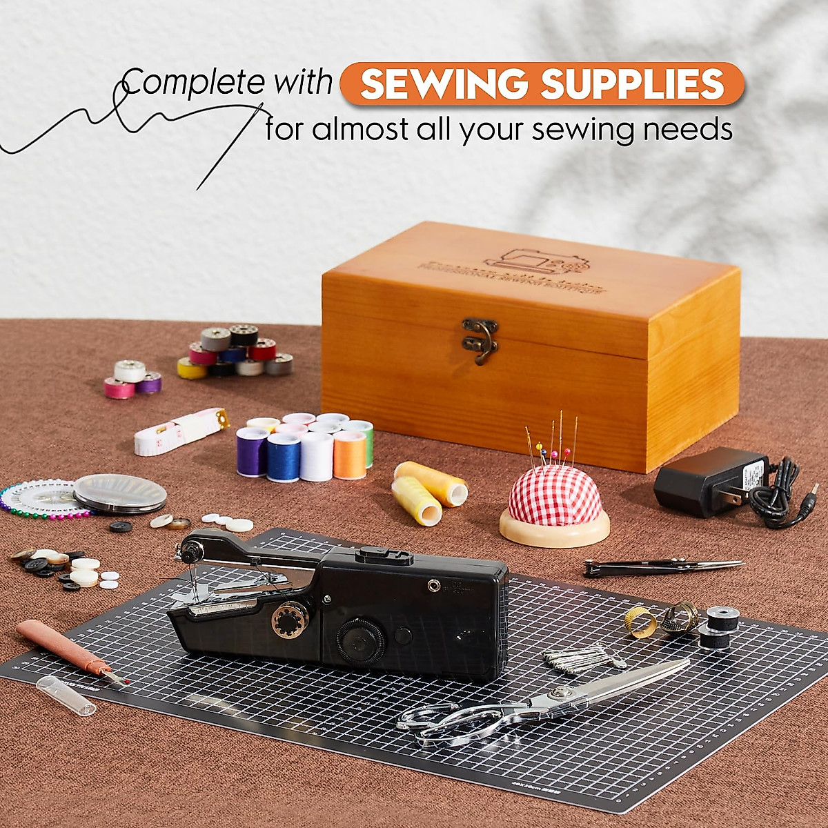 Handheld Sewing Machine, Hand Sewing Machine, Hand Held Sewing Device, Mini Portable Adult Beginner Sewing Kit, Wooden Sewing Box with 153 Pcs Sewing Supplies