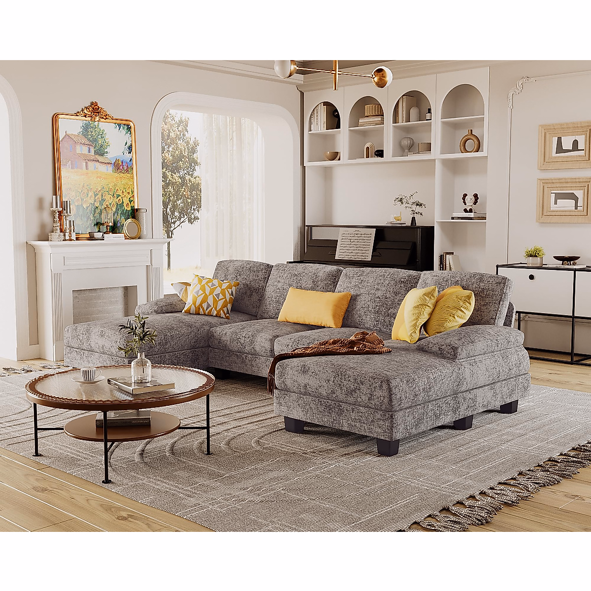 Furmax Sectional Couches for Living Room, U-Shaped Sofa Couch with Linen Fabric, 4 Seat Sofa Set with Double Chaise for Apartment (Fabric, Grey)