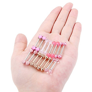 Prjndjw 16PCS 14G Nipple Rings Surgical Steel Tongue Rings Barbell Nipplering Diamond CZ Piercing Jewelry Retainer for Women Men 14mm Length Rose Gold Pink