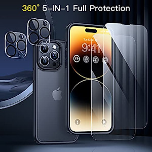 [5-in-1] Humixx Designed for iPhone 14 Pro Case, 2X Tempered Screen Protector + 2X 9H Lens Protector [10FT Military Shockproof] Slim Protective Translucent Matte Case for iPhone 14 Pro 6.1 inch, Black