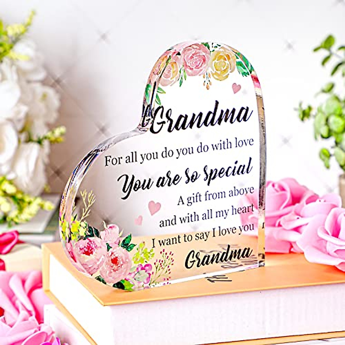 Acrylic Grandma Birthday Gift Floral Themed Heart Shape Birthday Christmas Gifts for Grandma Inspirational Thoughtful Grandma Gifts from Granddaughter Grandson for Home Decorations
