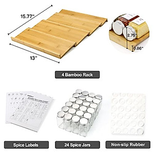 KitHero Spice Drawer Organizer with 24 Spice Jars and 216 Labels,Non-slip Rubber, Bamboo 4 Tier Spice Racks Tray Seasoning Containers for Kitchen Drawers,Cabinets,Countertops,13" Wide * 15.8" Deep